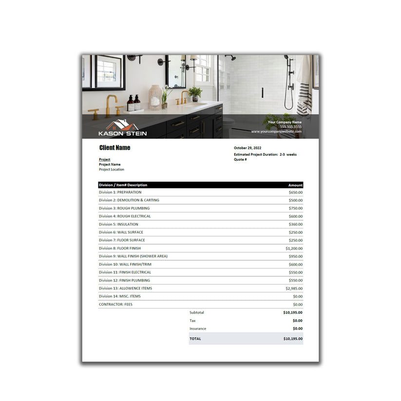 Bathroom Renovation Estimate Template Design 2| Remodeling Estimate ...
